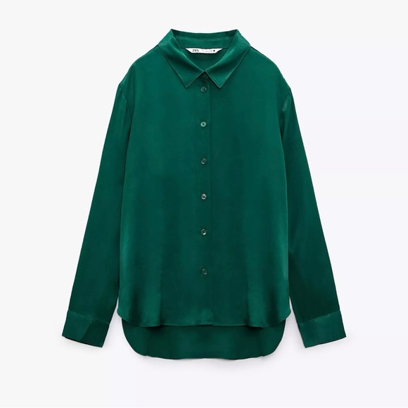 Zara | Tops | Zara Satin Effect Basic Shirt Emerald Green Size S | Poshmark